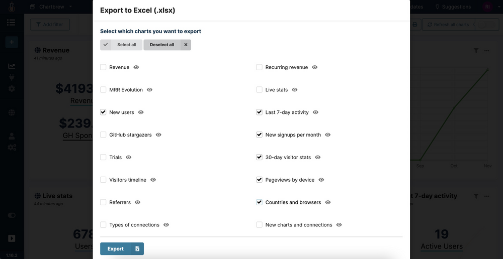 Export dashboards to Excel sheets