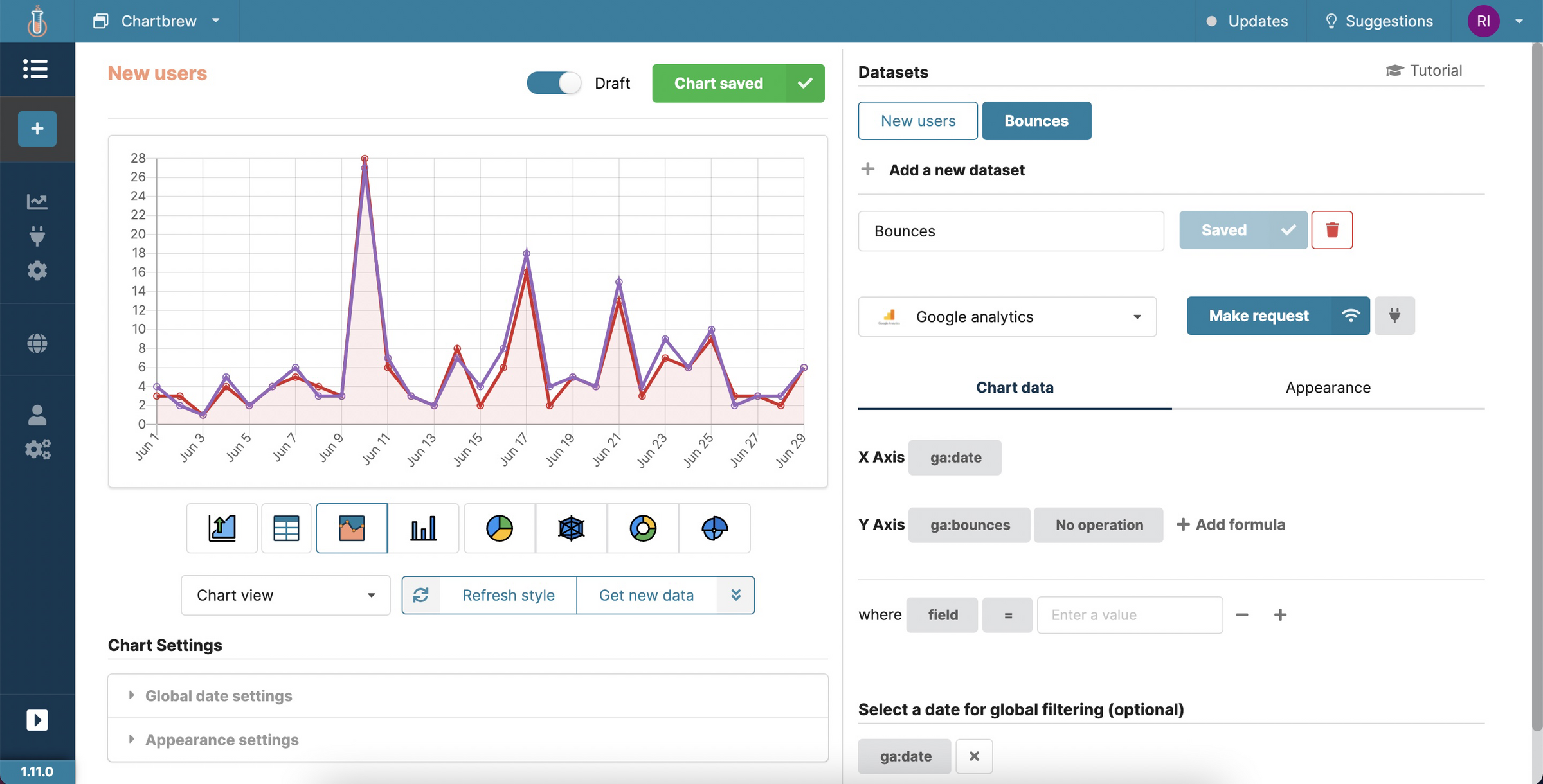 Create your Google Analytics dashboard in Chartbrew